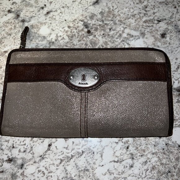 Fossil | Bags | Fossil Zip Around Clutch File Wallet Leather Sparkle ...
